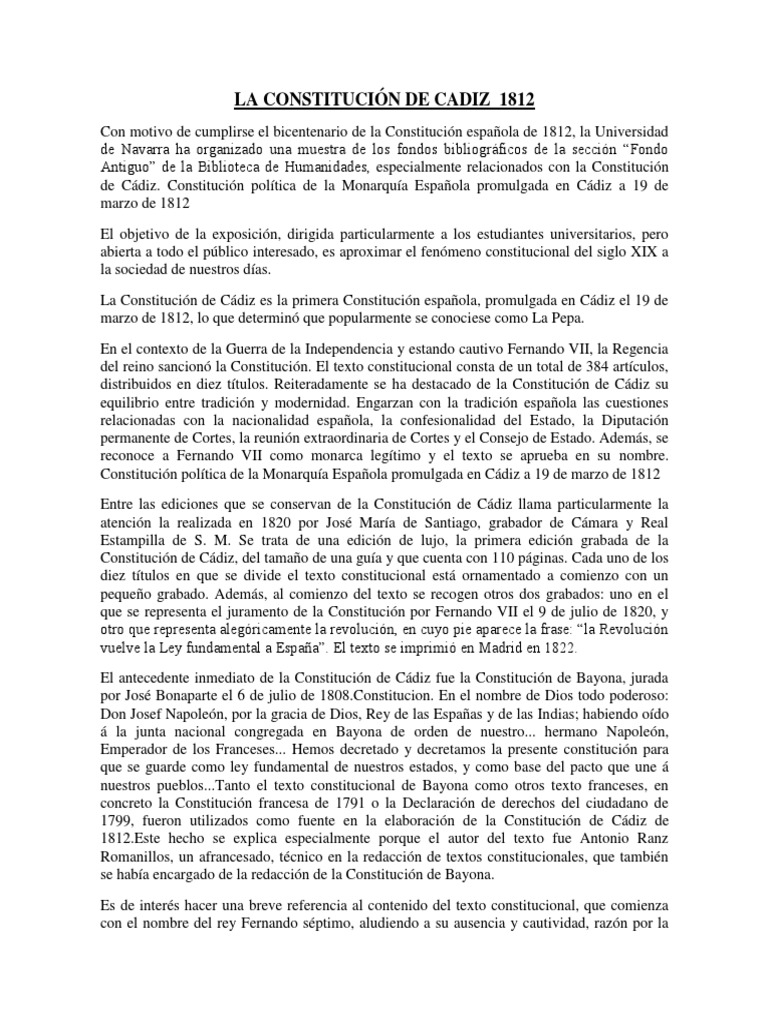 La Constitución de Cadiz 1812 | PDF | Constitución | España