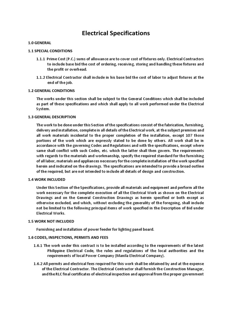 Electrical Specification PDF | PDF | Electrical Wiring | Specification (Technical Standard)