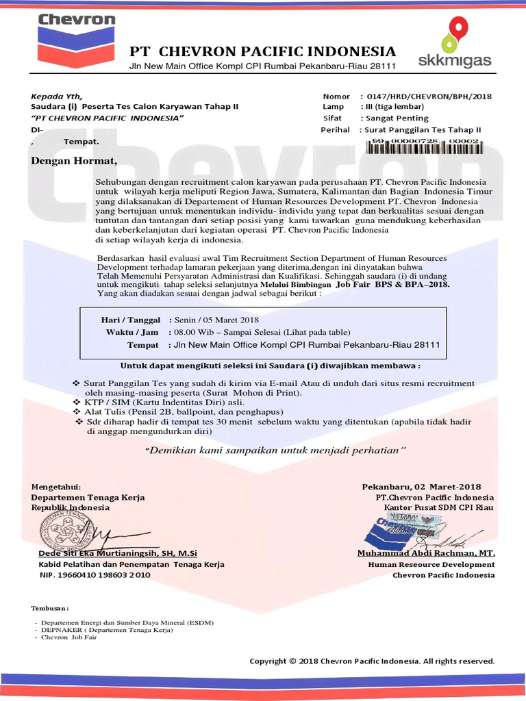Surat Undangan Interview Chevron 2018 | PDF