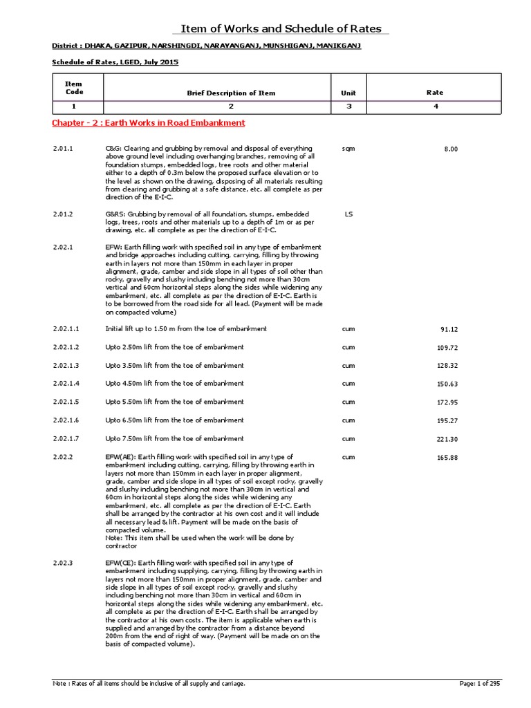 Schedule of Rates of LGED Bangladesh July 2015 | PDF | Road | Road Surface