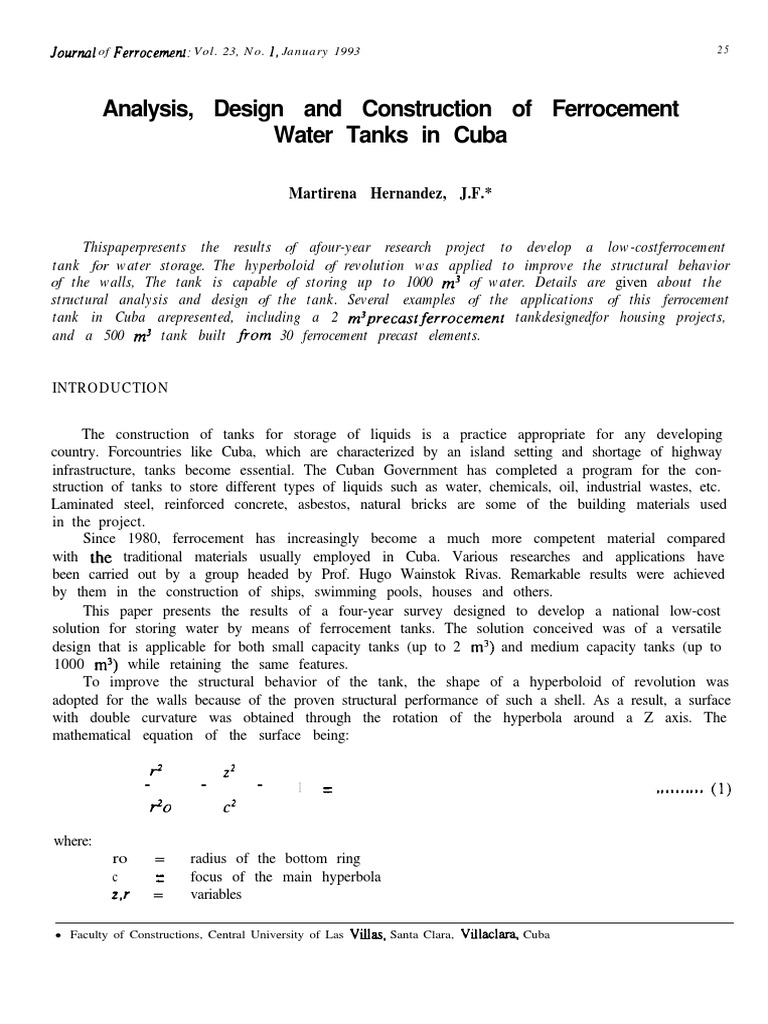 Analysis, Design and Construction of Ferrocement Water Tanks in Cuba | PDF | Concrete | Stress ...