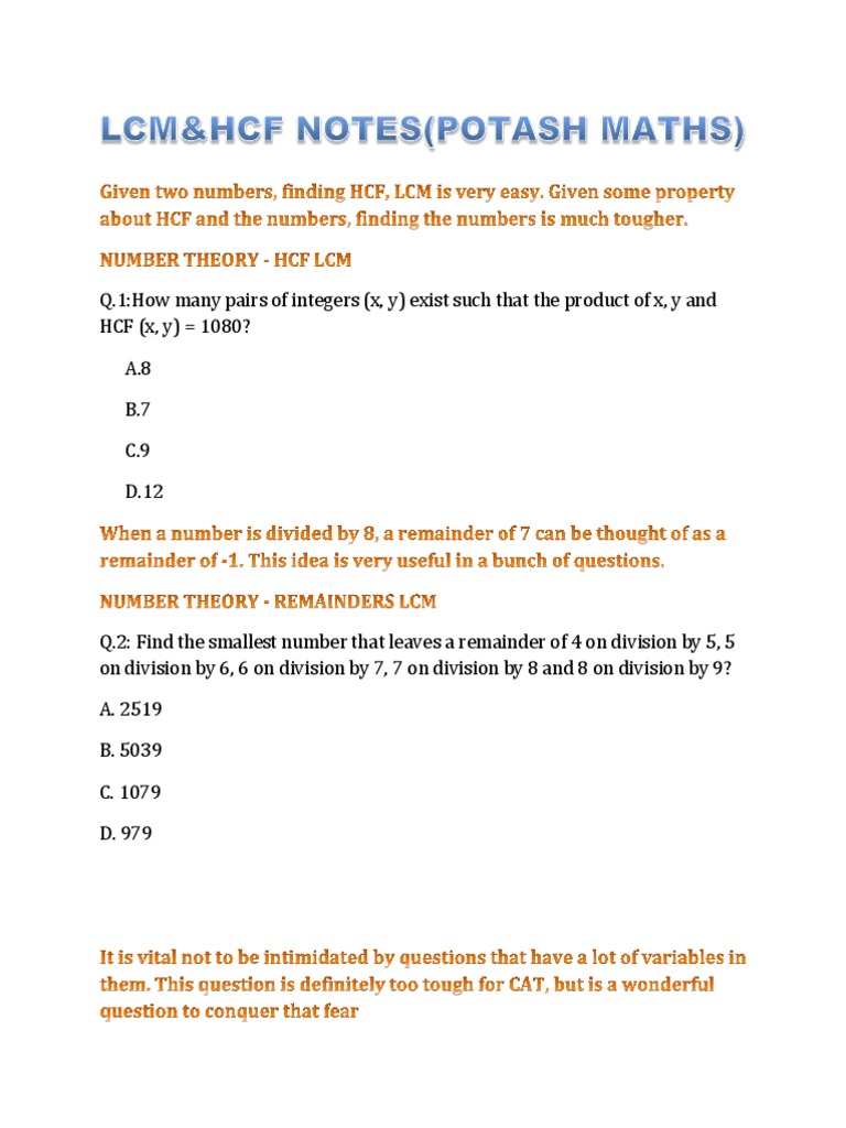 LCM&HCF Notes Potash Maths.1 | PDF | Arithmetic | Mathematical Objects
