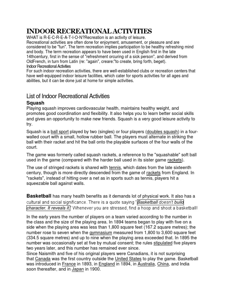 List of Indoor Recreational Activities | PDF | Table Tennis | Leisure