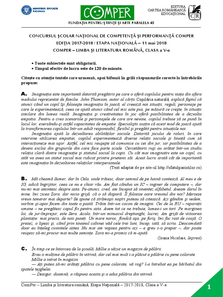 Subiect Comper Romana EtapaN 2017 2018 Clasa5 PDF | PDF