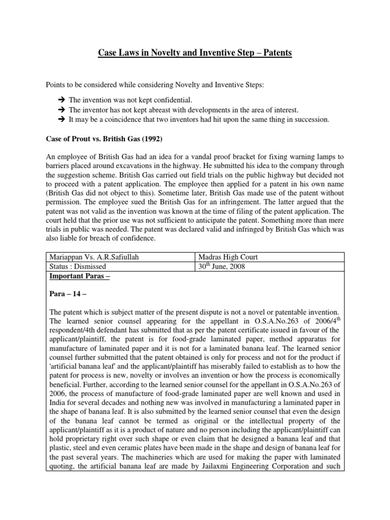 Case Laws in Novelty and Inventive Step | PDF | Patent | Glossary Of ...