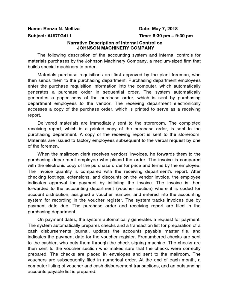 Narrative Description of Internal Control On | PDF | Accounts Payable ...