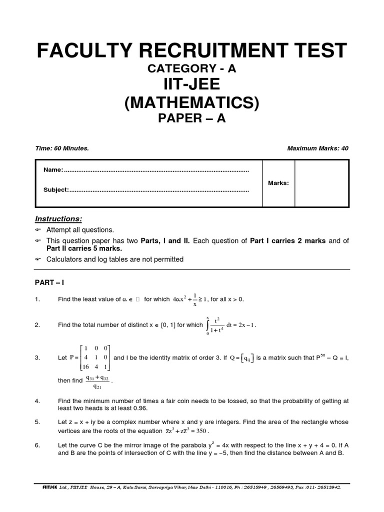 Faculty Recruitment Test: Iit-Jee (Mathematics) | PDF | Circle ...
