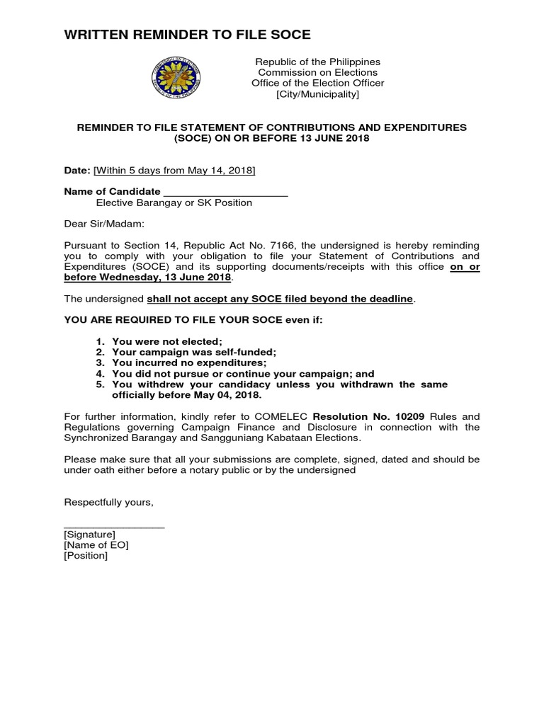 Written Reminder To File Soce | PDF | Finance & Money Management ...