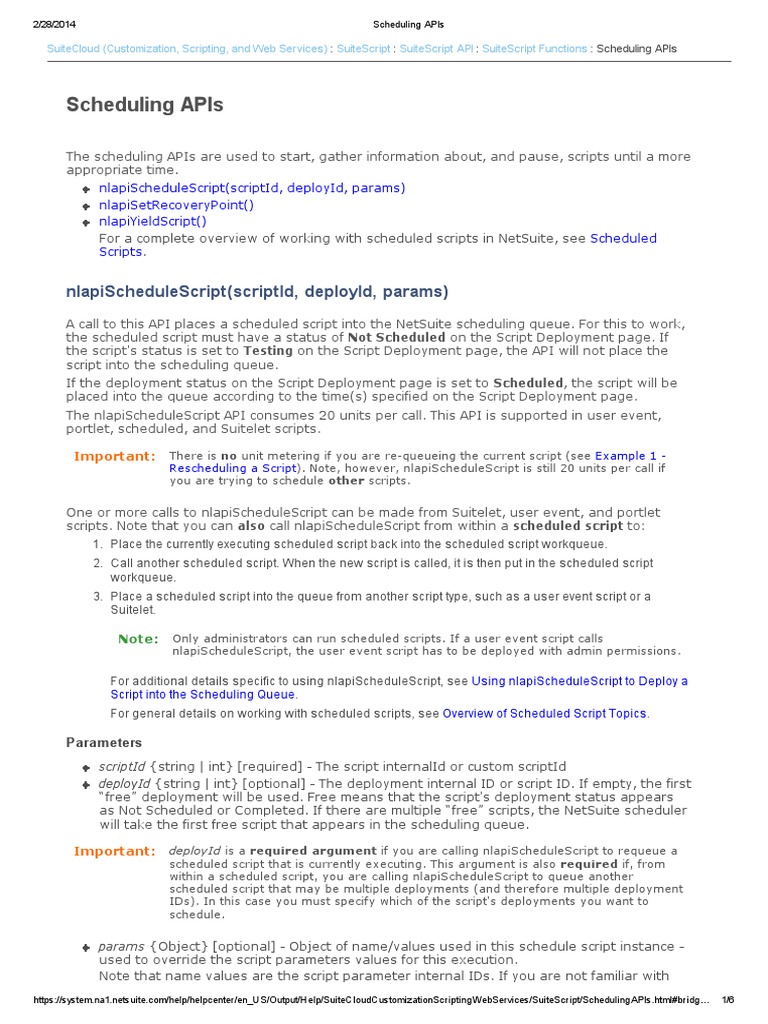 Scheduling Apis: Nlapischedulescript (Scriptid, Deployid, Params) | PDF | Application ...
