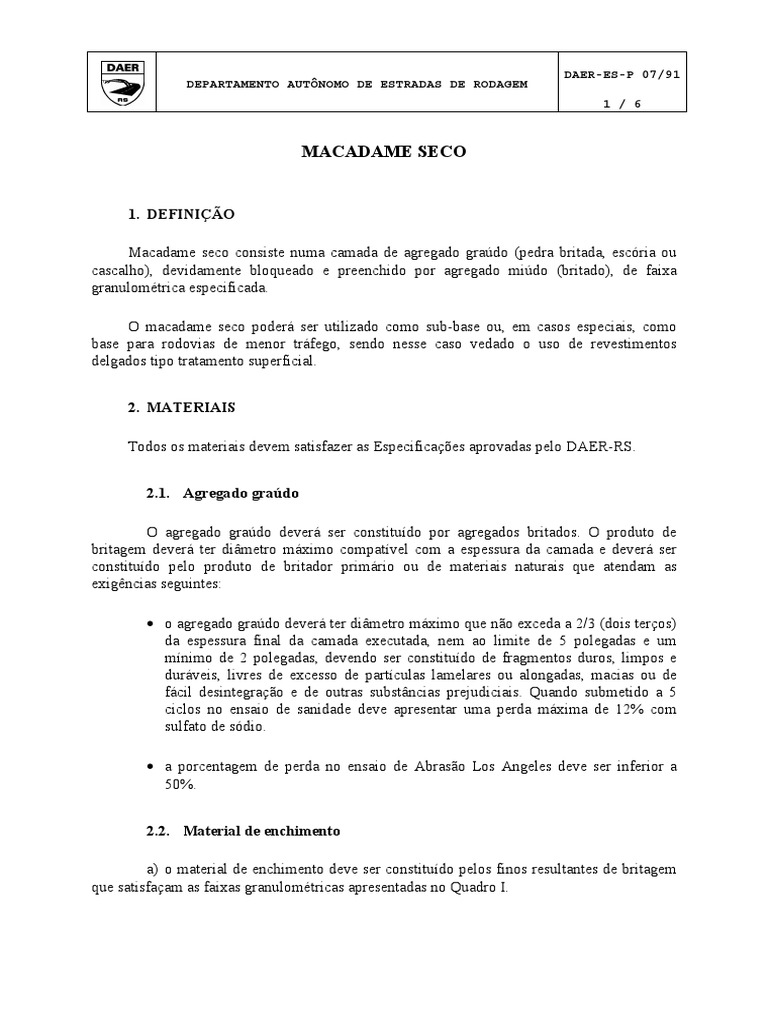 Macadame Seco 27150257 Especificacoes Gerais 1998 | PDF | Transporte ...