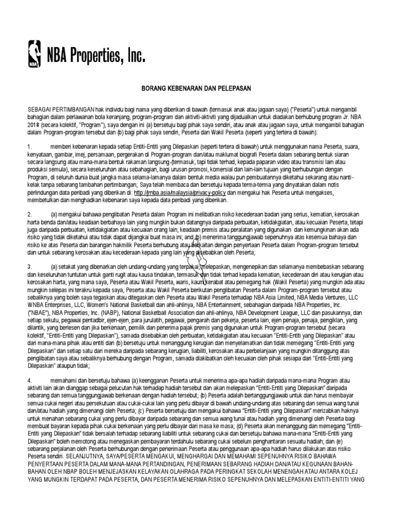 Waiver and Release Form 2018 Jr. NBA Malaysia Malay Final | PDF