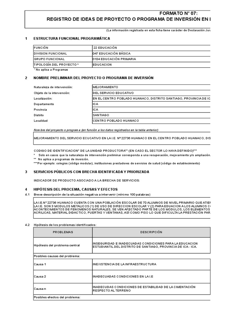 Formato N° 07: Registro De Ideas De Proyecto O Programa De Inversión En La Fase De Programación ...
