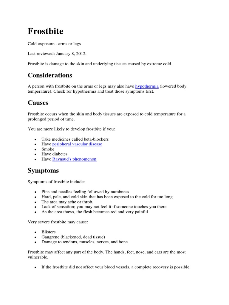 Frostbite: Considerations | PDF | Medical Specialties | Clinical Medicine