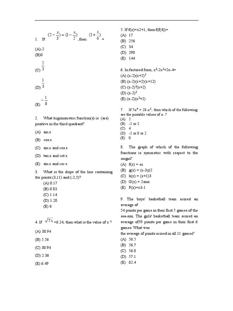 SAT 2 Past Paper - Mathematics Level 2 Year 2011 | PDF | Sine ...