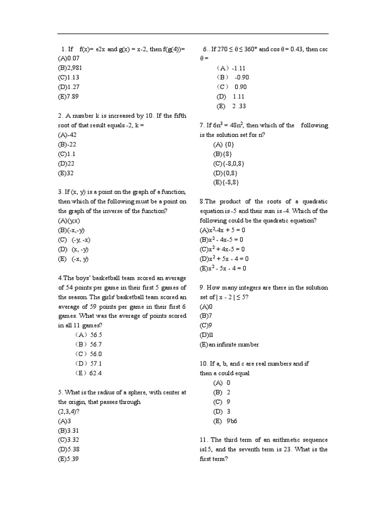 Math Problem Set for Test Prep | PDF | Space | Elementary Mathematics