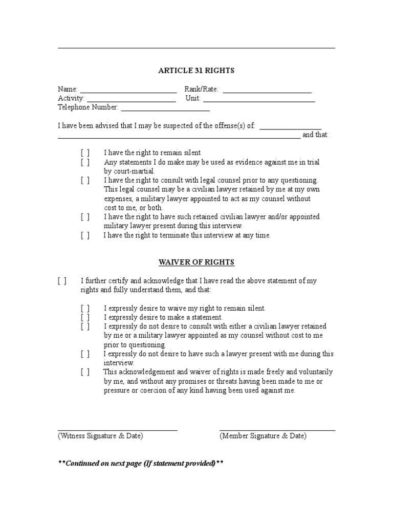 Article 31 Rights: Continued On Next Page (If Statement Provided ...