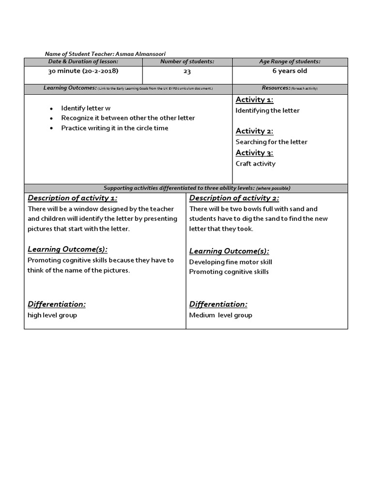 Letter W Lesson Plan | PDF | Teachers | Learning