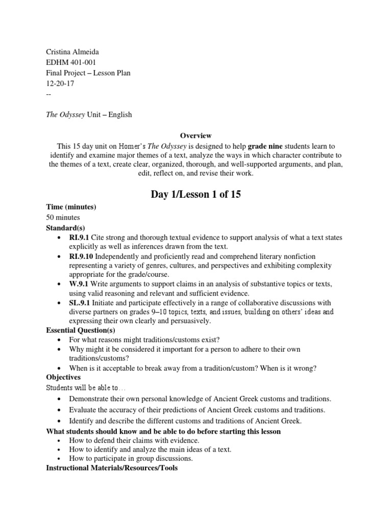 Edhm 401-001 - Final Project Lesson Plan - Cristina Almeida | PDF | Odysseus | Odyssey