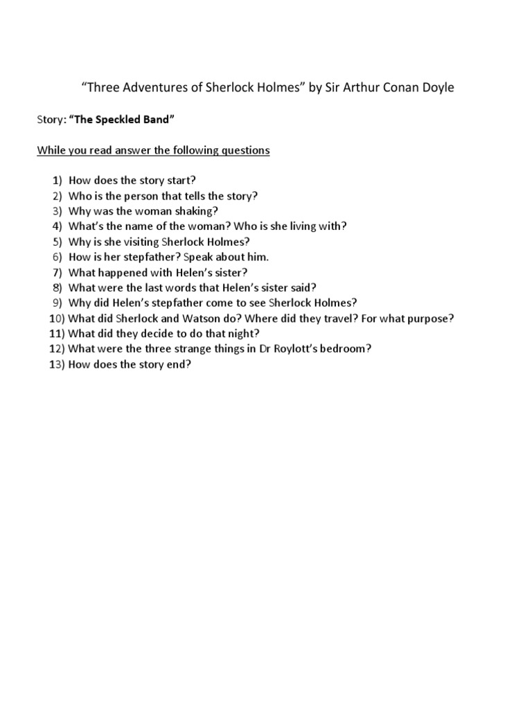 The Speckled Band: Study Questions | PDF | Mystery, Thriller & Crime ...