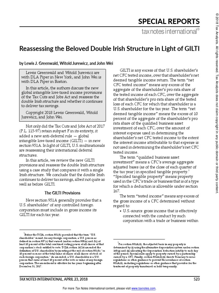 Double Irish vs. Single Irish Post The Tax Cuts and Jobs Act (GILTI ...