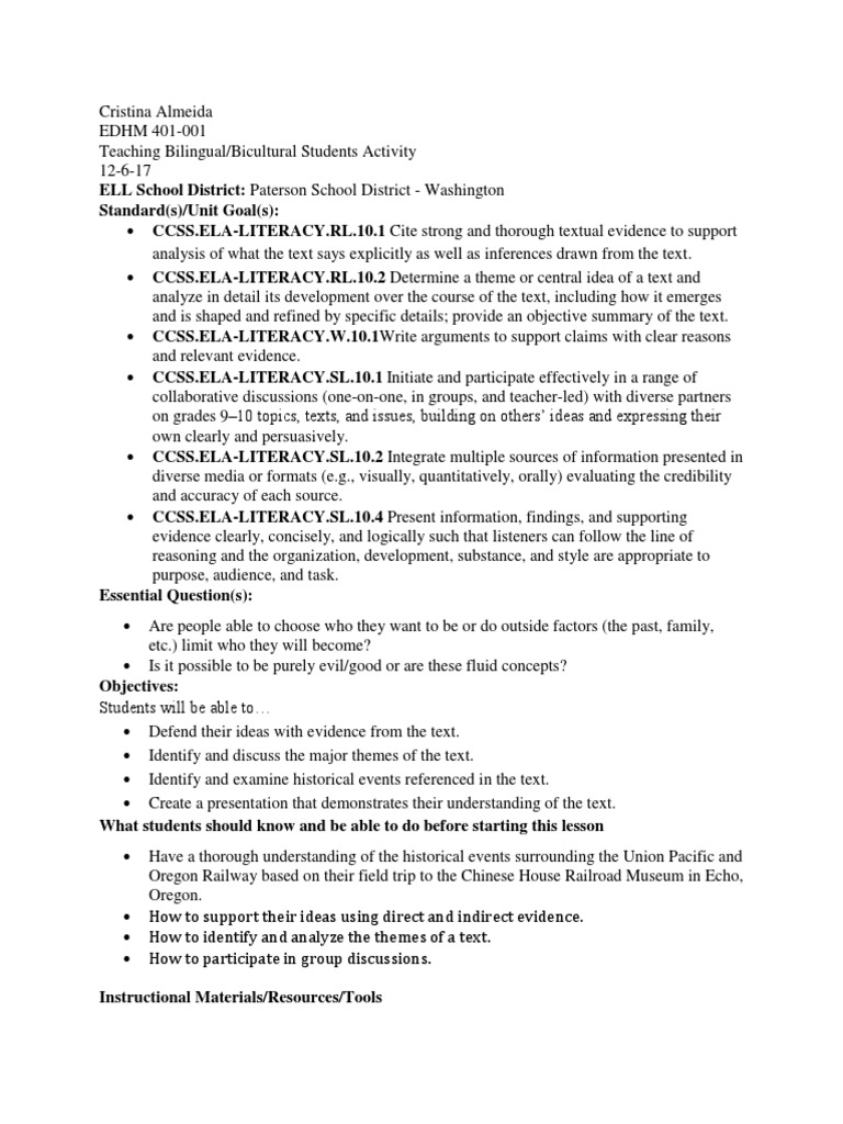 Cristina Almeida - Edhm 401-001 - Teaching Bilingual-Bicultural Students Activity | PDF ...