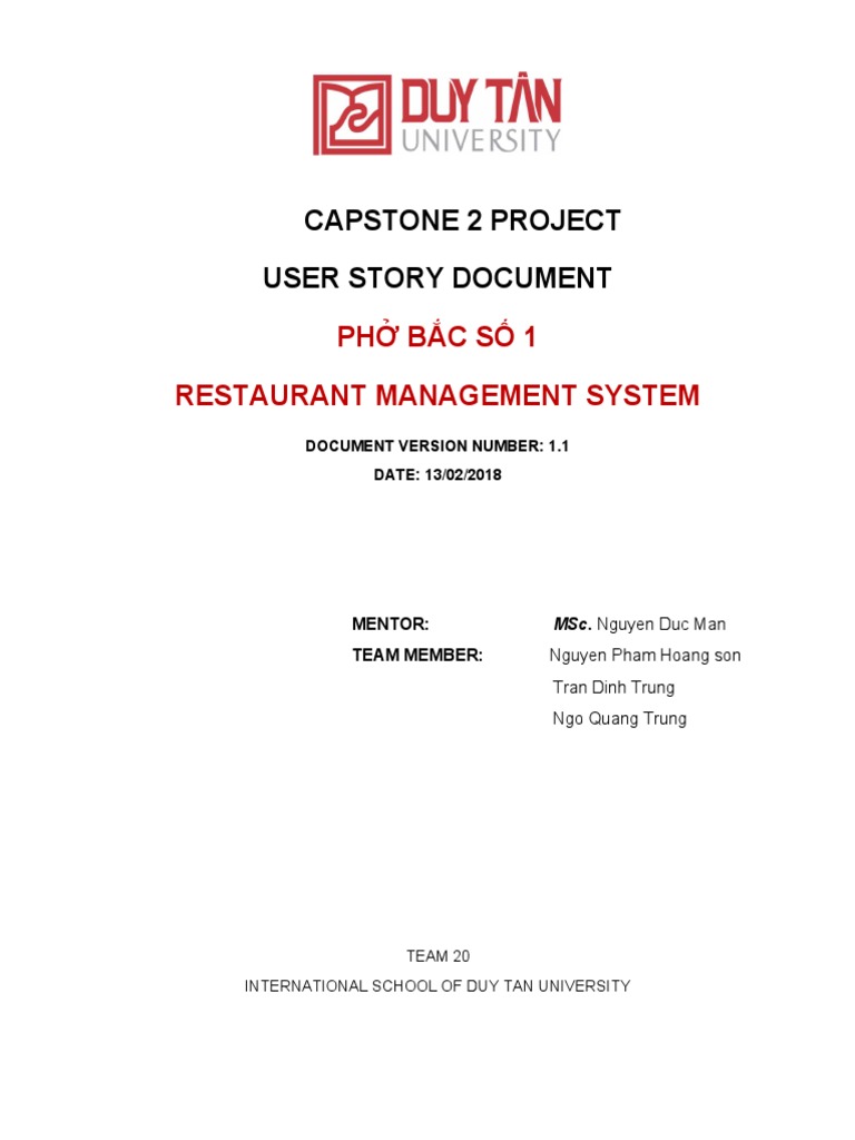 Capstone 2 Project User Story Document: Phở Bắc Số 1 Restaurant Management System | PDF | Scrum ...