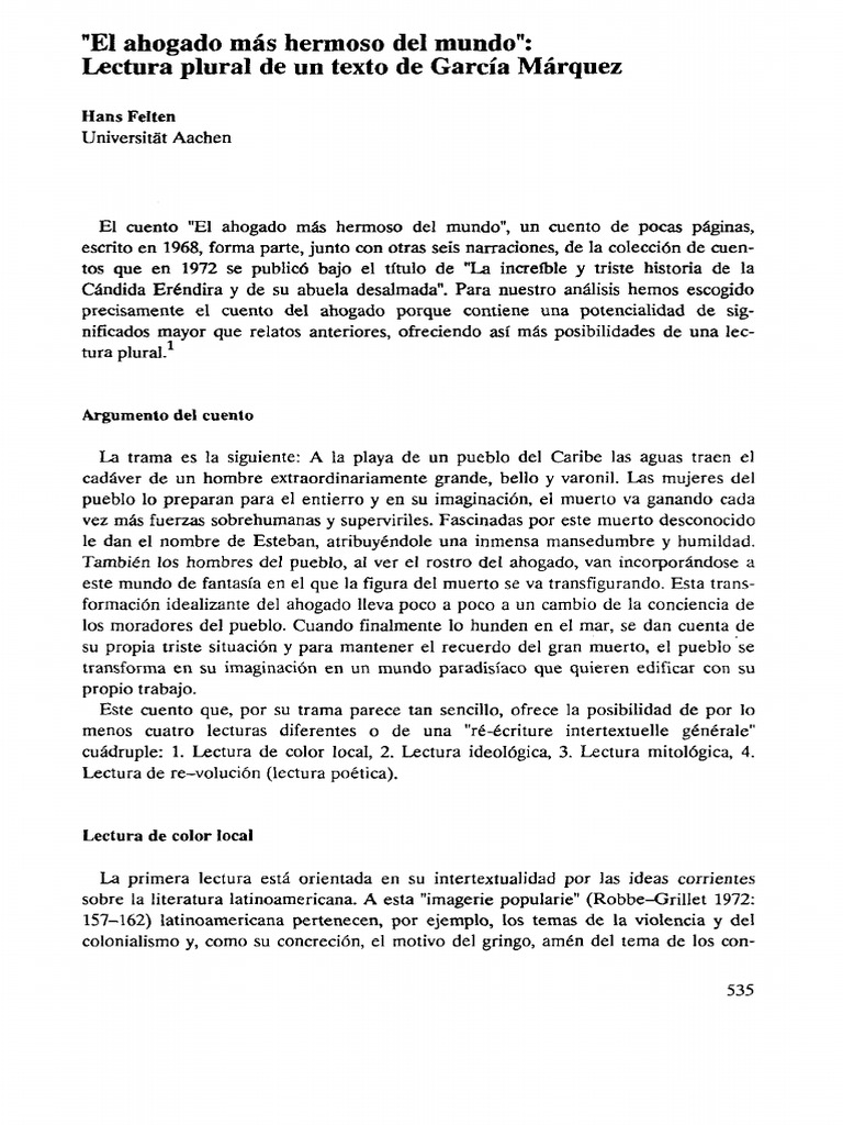 El Ahogado Mas Hermoso Del Mundo Lectura Plural de Un Texto de Garcia ...