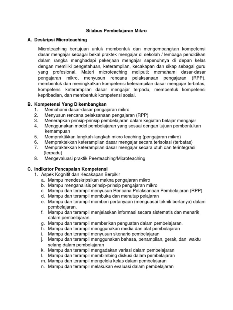 Silabus Pembelajaran Mikro A. Deskripsi Microteaching | PDF