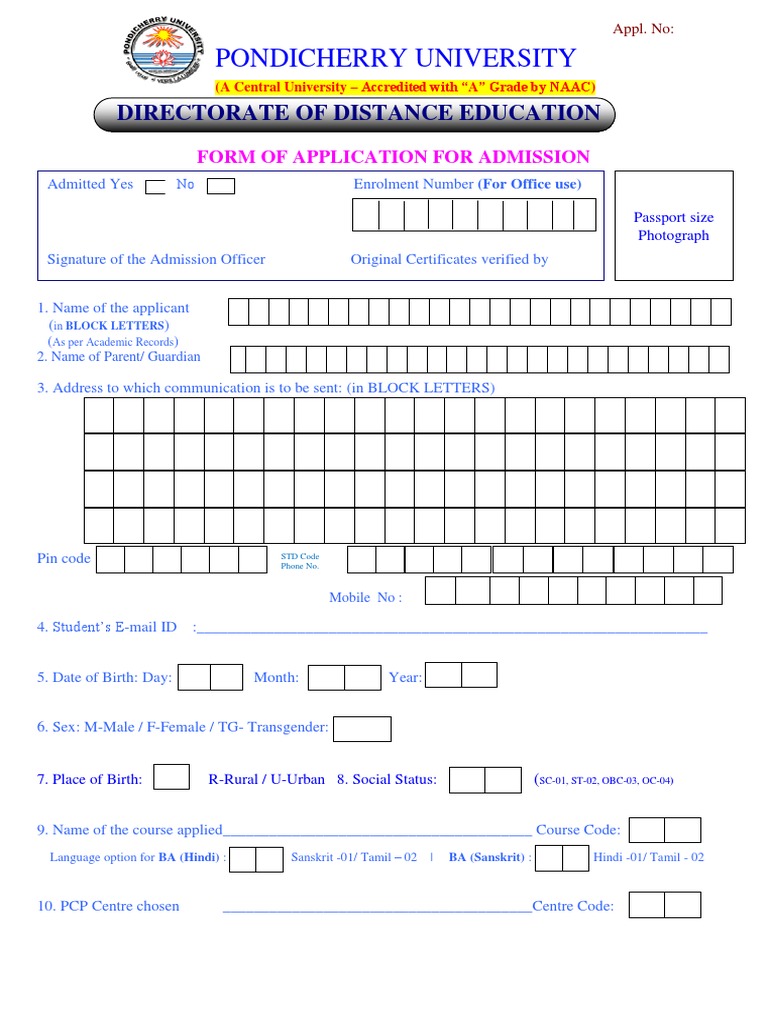 Pondicherry University Admission Form | PDF | Transgender | LGBTQIA+ ...