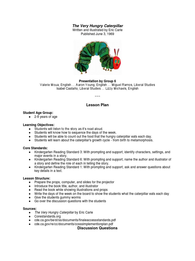 The Very Hungry Caterpillar: Lesson Plan | PDF