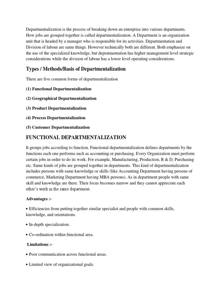 Types of Departmentalization Explained | PDF | Division Of Labour | Sales