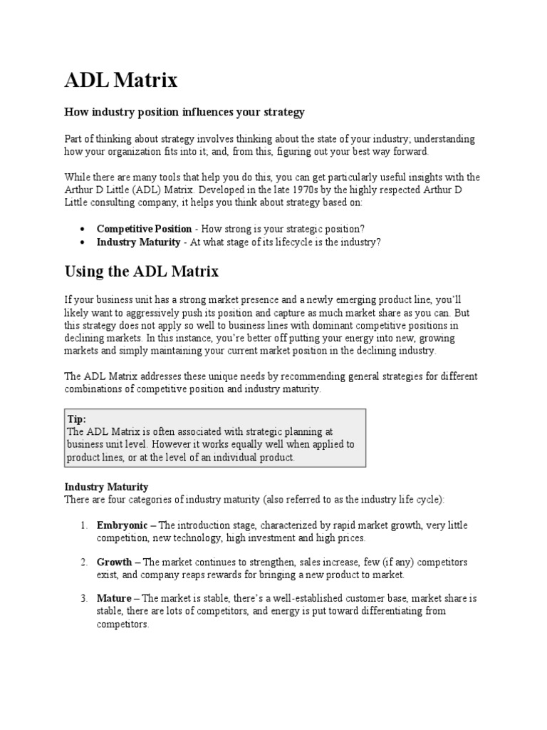 Arthur D Little Matrix | PDF | Strategic Planning | Profit (Economics)