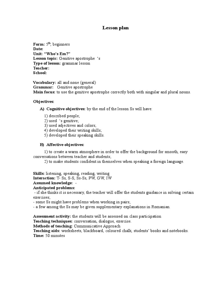 Lesson Plan Genitive Apostrophe Snapshot Elementary | PDF | Lesson Plan ...