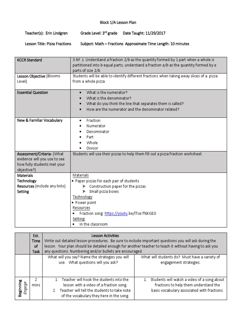 Pizza Fractions Lesson Plan | PDF | Fraction (Mathematics) | Lesson Plan