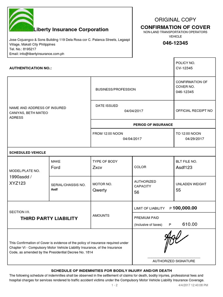 Liberty Insurance Corporation Confirmation of Cover: Original | PDF ...