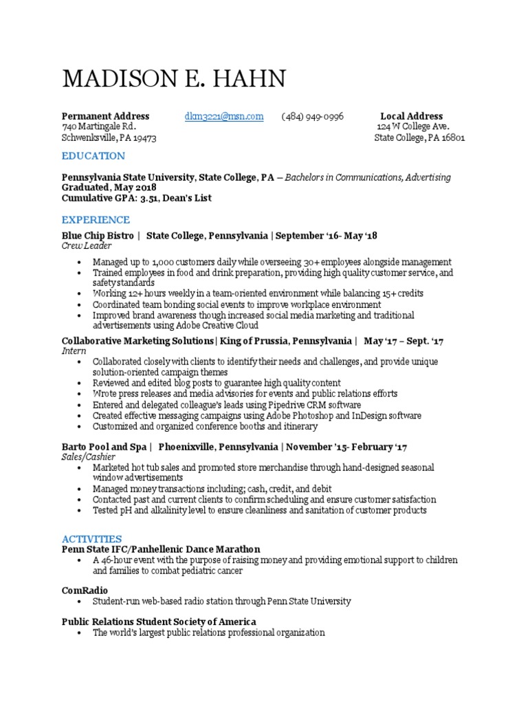 Updated Resume May 2018 | PDF | Pennsylvania State University | Advertising