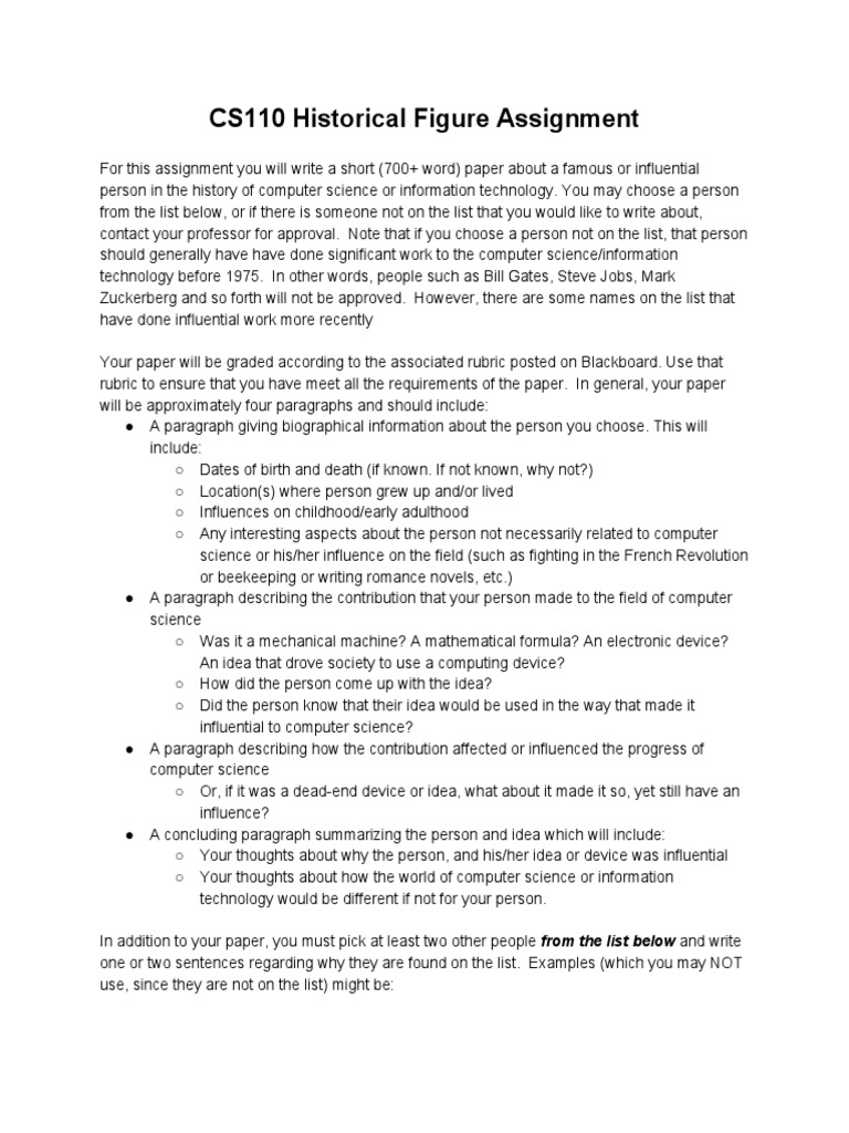 Historical Figure Assignment: The List Below | PDF