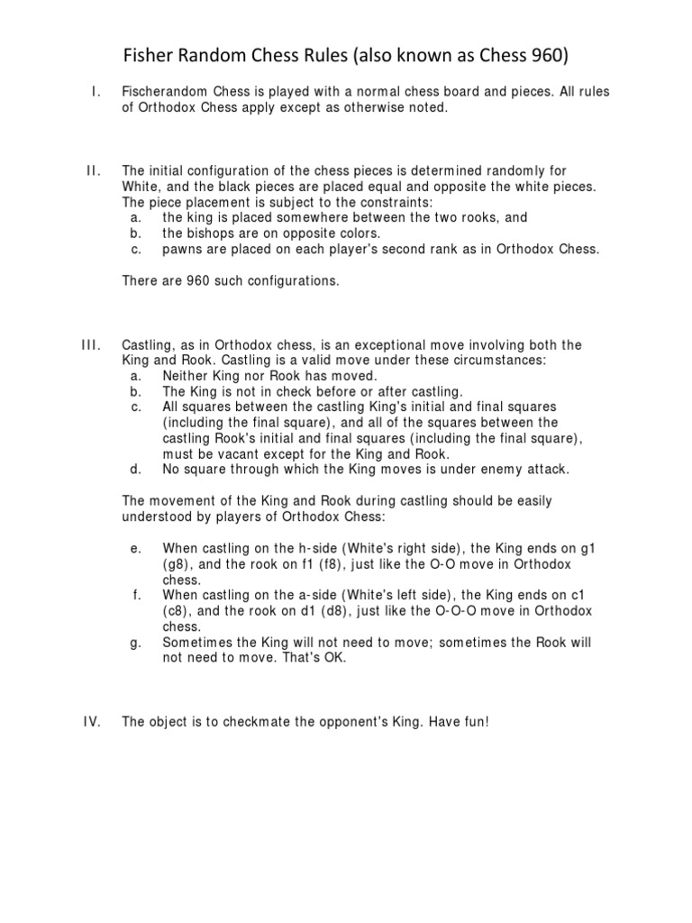 Fischer Random Chess Rules | PDF