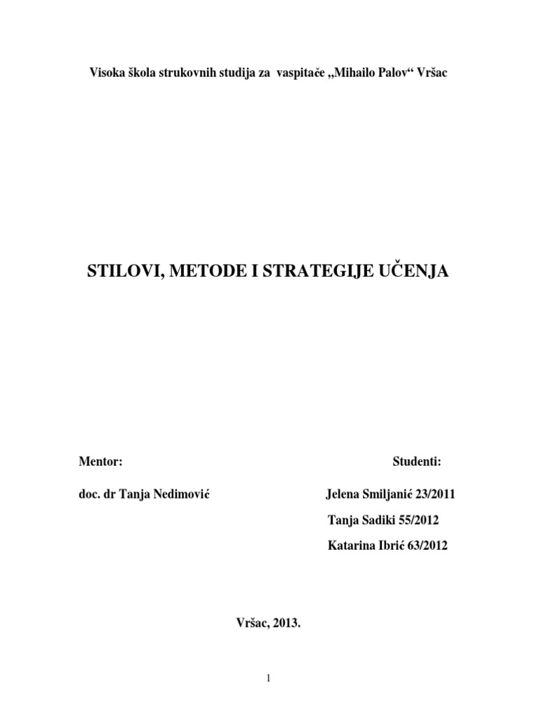 Stilovi Metode I Strategije Ucenja | PDF