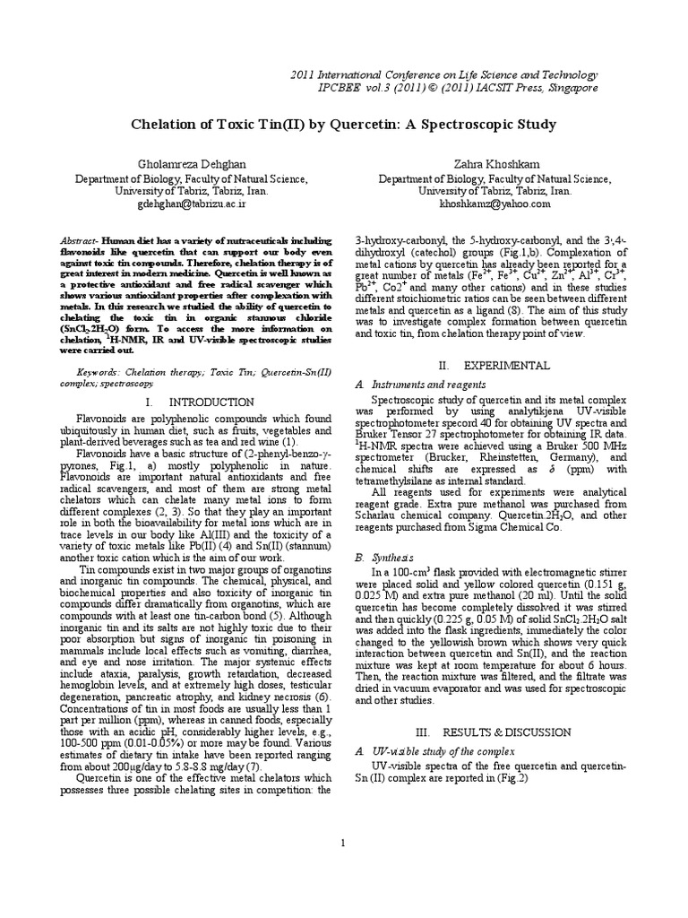 Chelation of Toxic Tin (II) by Quercetin: A Spectroscopic Study | PDF | Coordination Complex ...