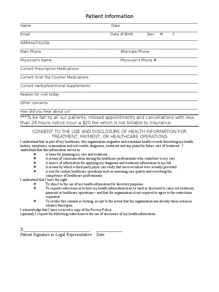 Patient Information: X - Patient Signature or Legal Representative Date ...