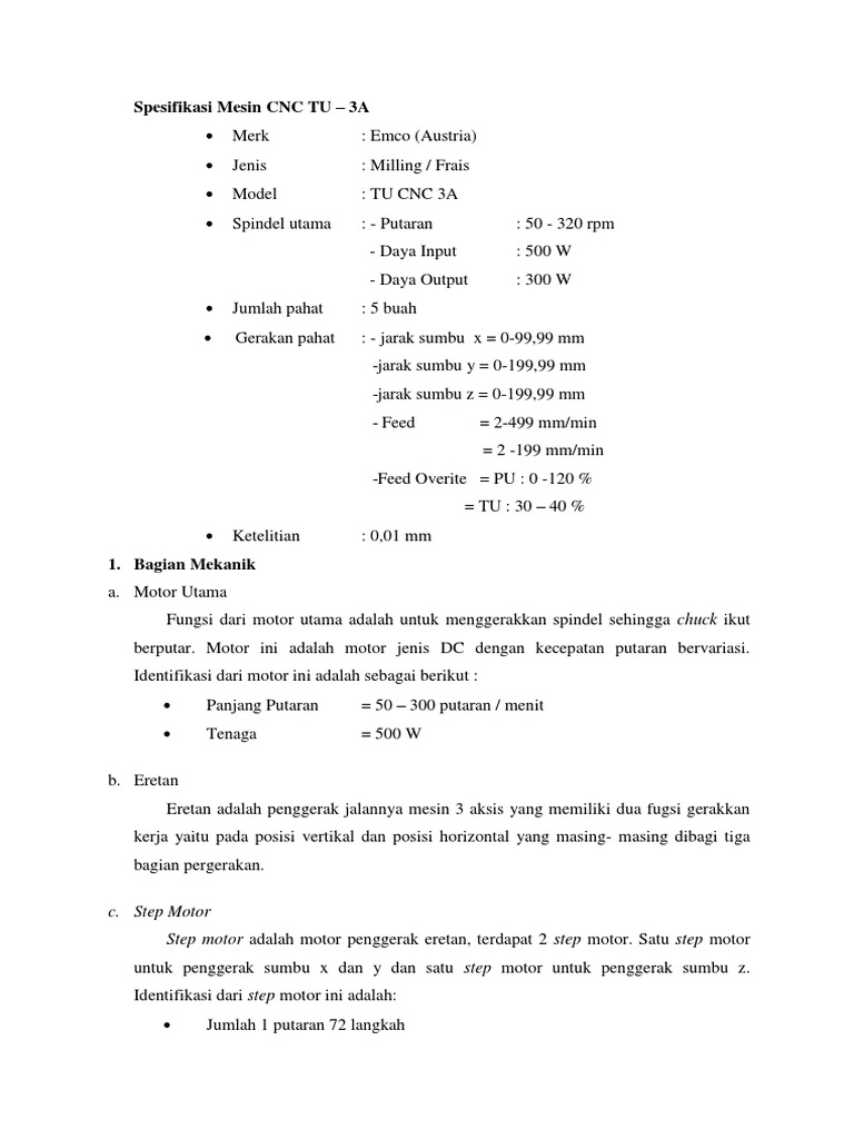 Spesifikasi Mesin CNC TU-3A | PDF | Teknologi & Rekayasa