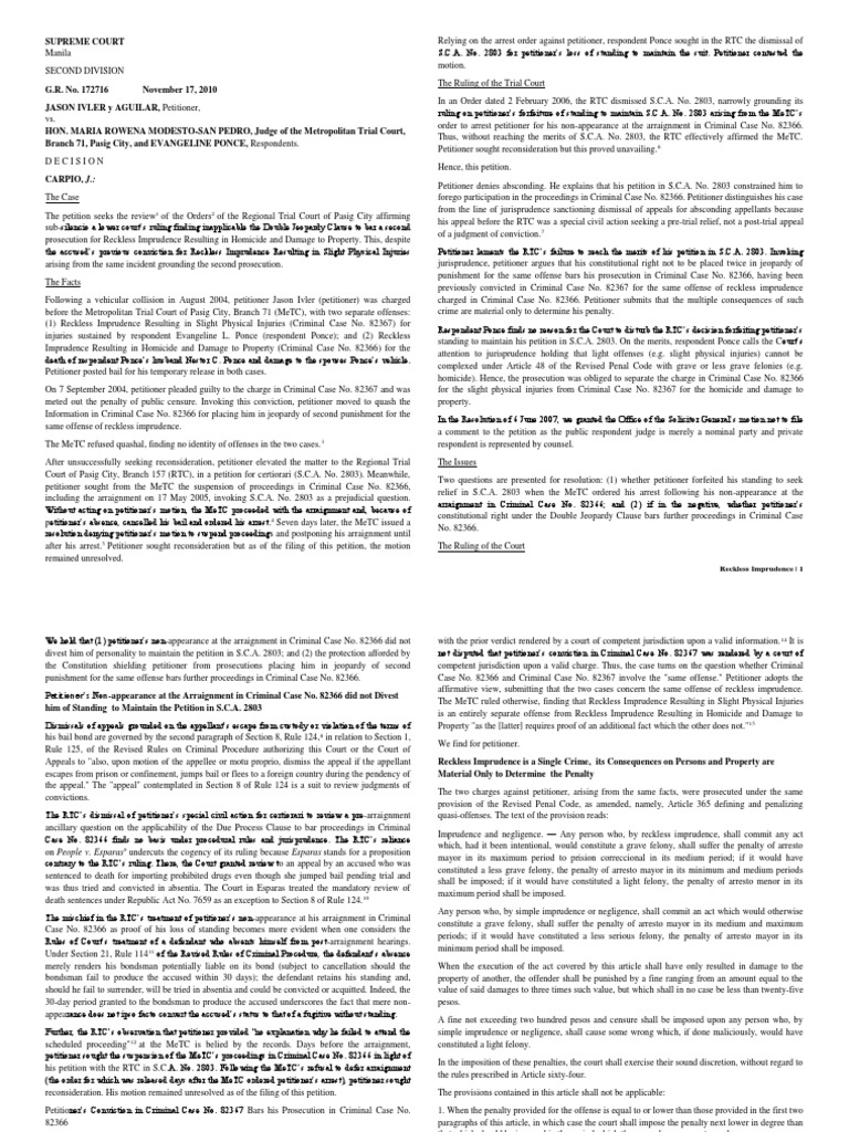 Reckless Imprudences Cases | PDF | Double Jeopardy | Recklessness (Law)