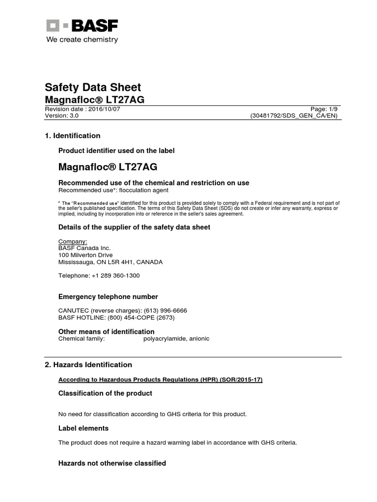 Safety Data Sheet: Magnafloc LT27AG | PDF | Toxicity | Personal ...