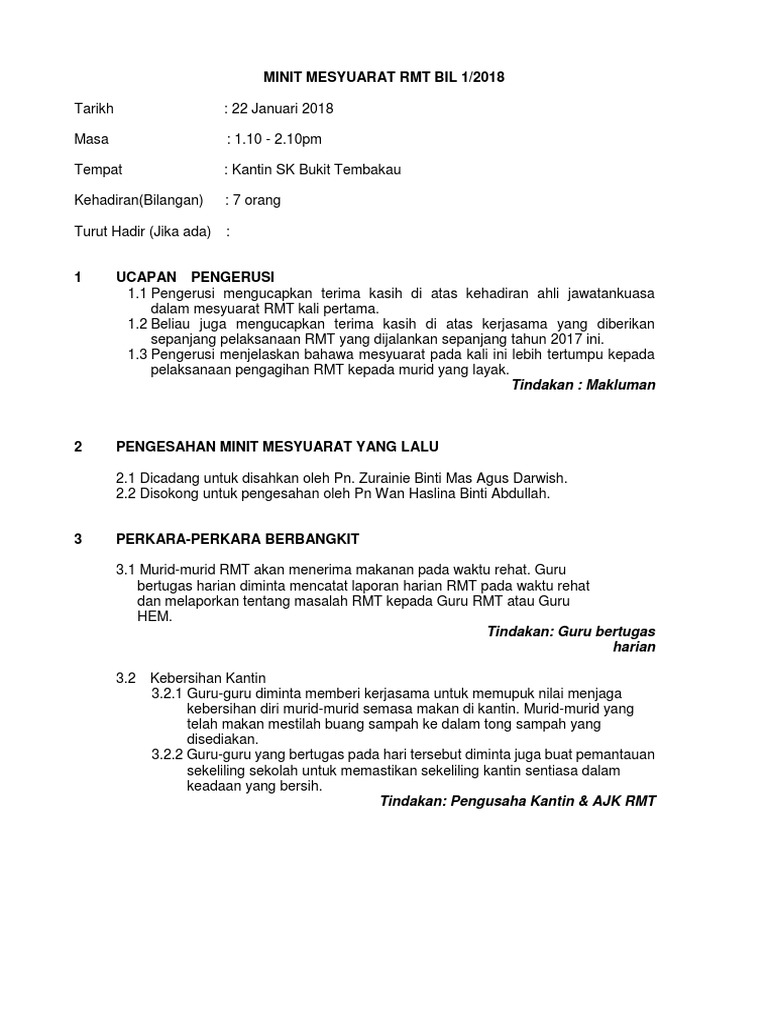 Minit Mesyuarat RMT Kali 1 | PDF