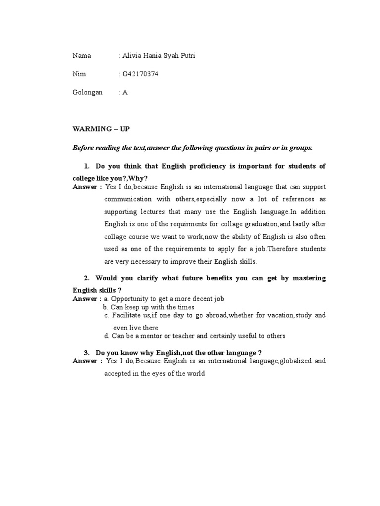 Before Reading The Text, Answer The Following Questions in Pairs or in ...