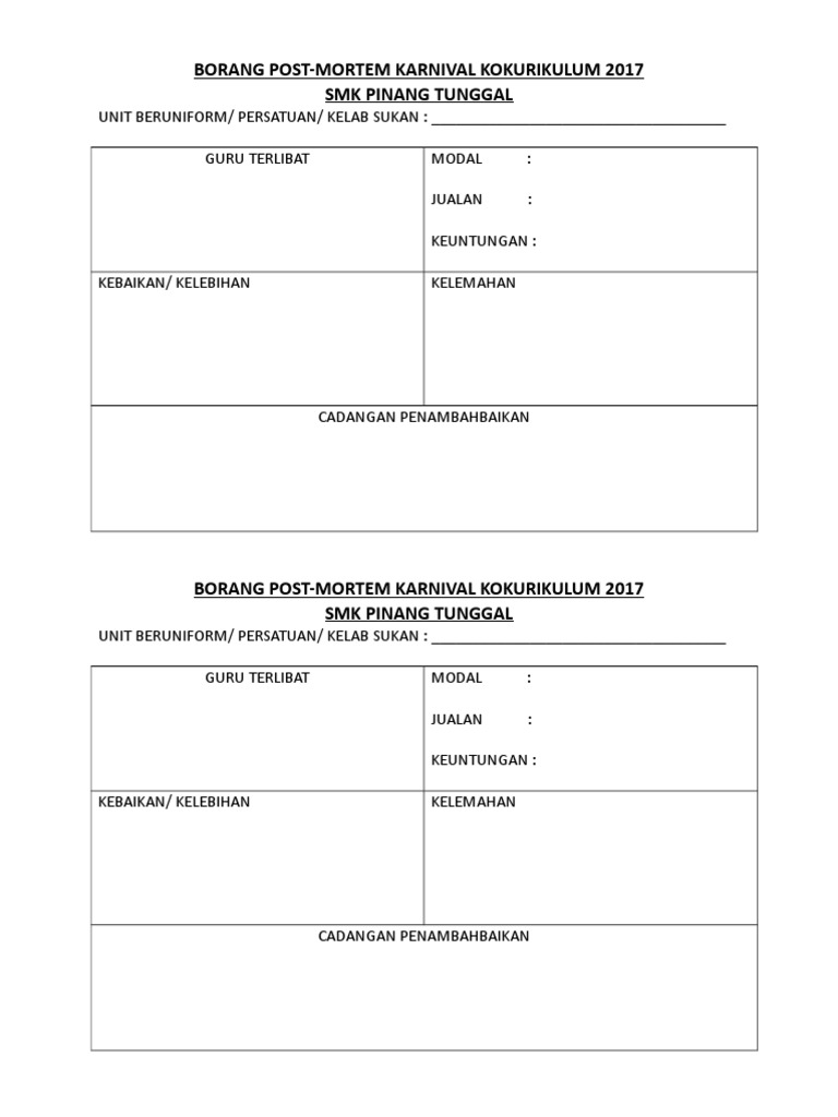 Borang Post Mortem Karnival Koko 2017 | PDF