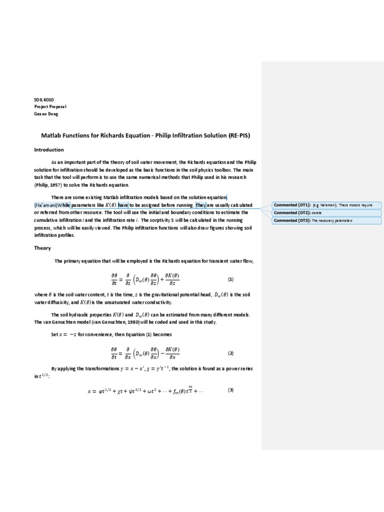 Matlab Functions For Richards Equation - Philip Infiltration Solution ...