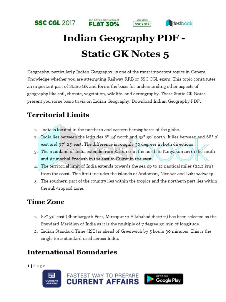 Indian Geography Static GK Notes | PDF | Earth Sciences | Physical ...