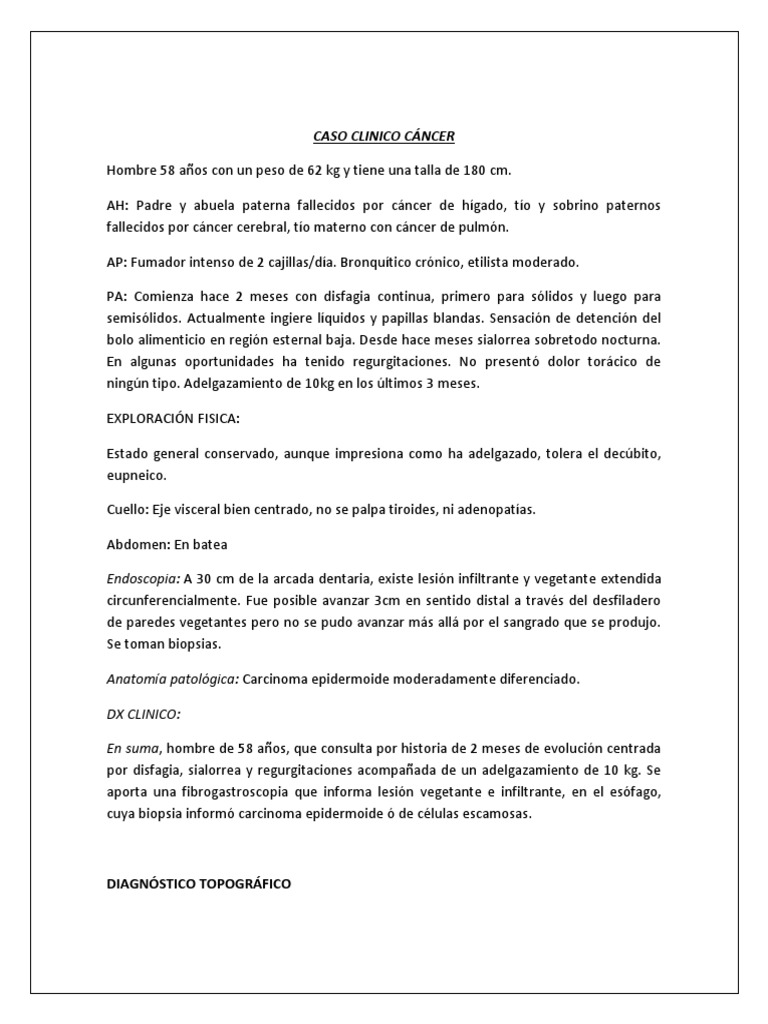 Caso Clinico Cáncer | PDF | Cáncer de esófago | Endoscopia
